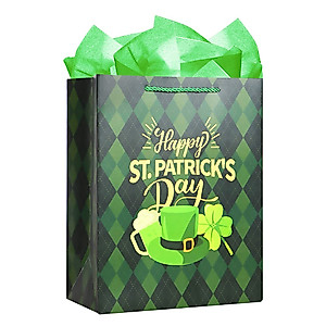 D4DREAM Happy St Patrick's Day Gift Bags 11.5" Large Green Buffalo Plaid Gift Bag with Tissue Paper St. Patricks Day Gift Wrapping Bag with Handle for Kids Classroom Party Favor Supplies