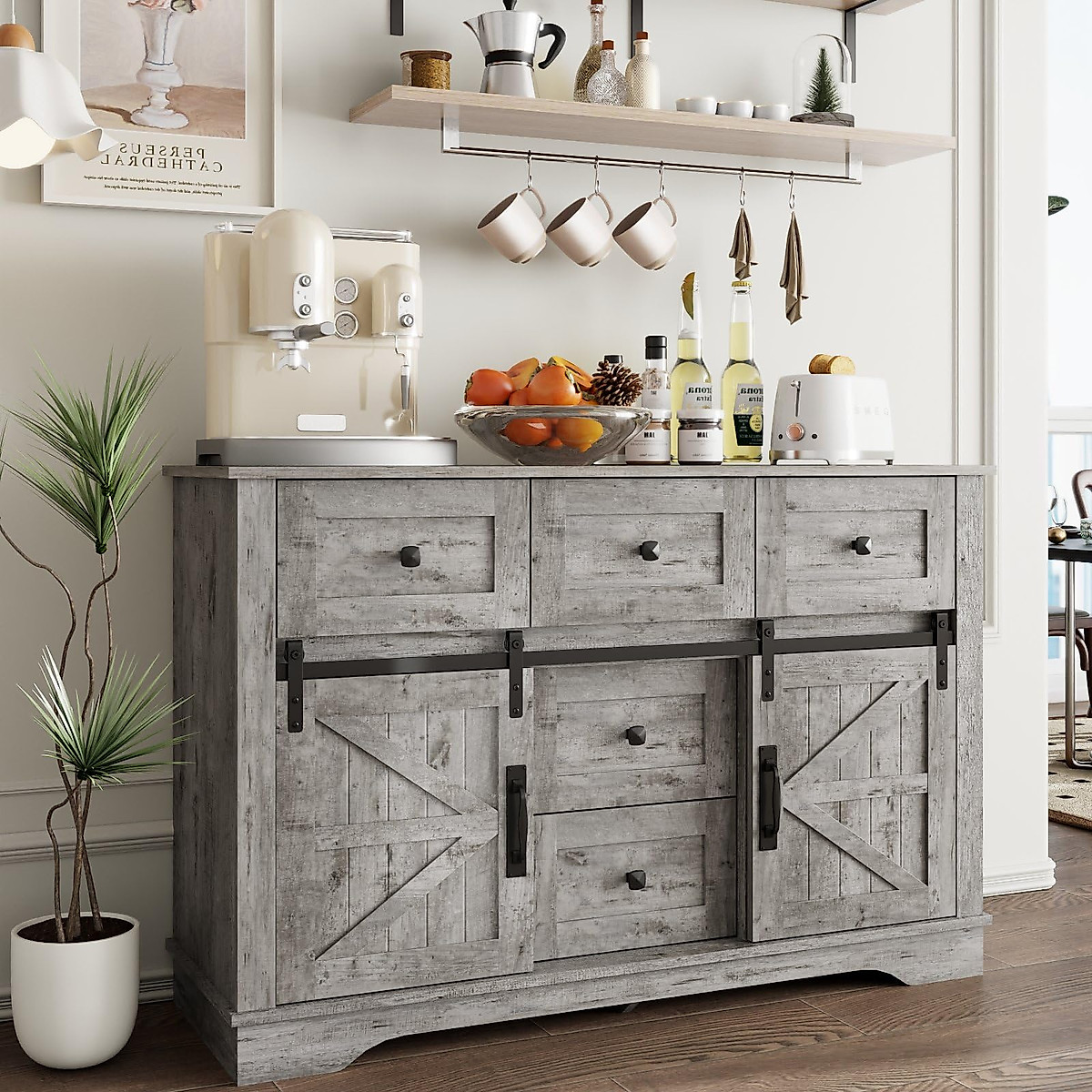 Vabches Farmhouse Sideboard Buffet Cabinet with Storage, Large Kitchen Sideboard Cabinet, Sliding Barn Doors and 5 Drawers, Adjustable Shelves, Coffee Bar Table for Dining Room, Light Rustic Oak