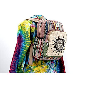 Unique Design Sun with Om Print 100% Himalaya Hemp Backpack Small Backpack Hippie Backpack Festival Backpack Hiking and Laptop Backpack FAIR TRADE Handmade with Love.