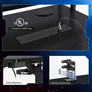 SEVEN WARRIOR Gaming Desk 40INCH with RGB Mouse Pad & Power Outlet, Carbon Fiber Surface Gamer Desk with Monitor Stand, Ergonomic Y Shaped Gamer Table with Cup Holder, Headphone Hook, Outlet Organizer