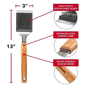 BBQ-Aid Grill Brush and Scraper for Barbecue – Grill Brush for Outdoor Grill with Extended, Large Wooden Handle and Replaceable Stainless Steel Bristles Head –No Scratch- BBQ Grill Brush for Any Grill