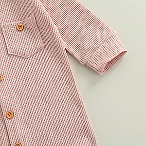 NANYKNIGHTY Toddler Baby Boy Girl Romper Unisex Infant Clothes Waffle Fabric Solid Long Sleeve Buttons Hooded Jumpsuit One-piece (Pink, 6-12 Months)