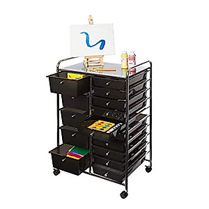 Seville Classics Rolling Utility Organizer Storage Cart , for Home Office, School, Classroom, Scrapbook, Hobby, Craft, 15 Drawer, Black