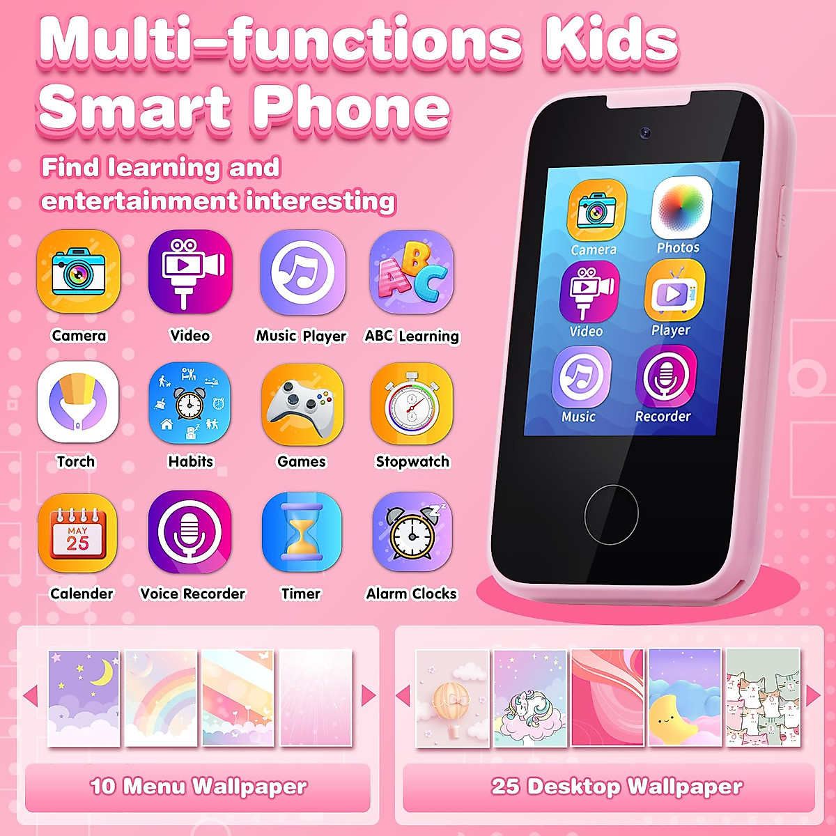 Kids Phone Toys for 3-6 Year Olds Girls, Touchscreen Kids Cell Phone with Dual Camera, MP3 Music Player, Games, Habit Tracker Kids Toddler Phone Learning Toy Birthday Gifts for Girls Age 3 4 5 6 7 8