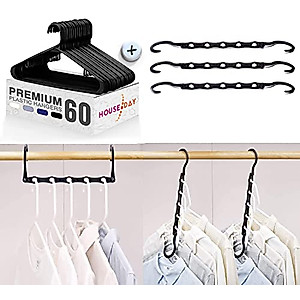 HOUSE DAY Space Saving Hangers10 Pack and Black Plastic Hangers 60pack, Save More Than 80% of Your Closet Space