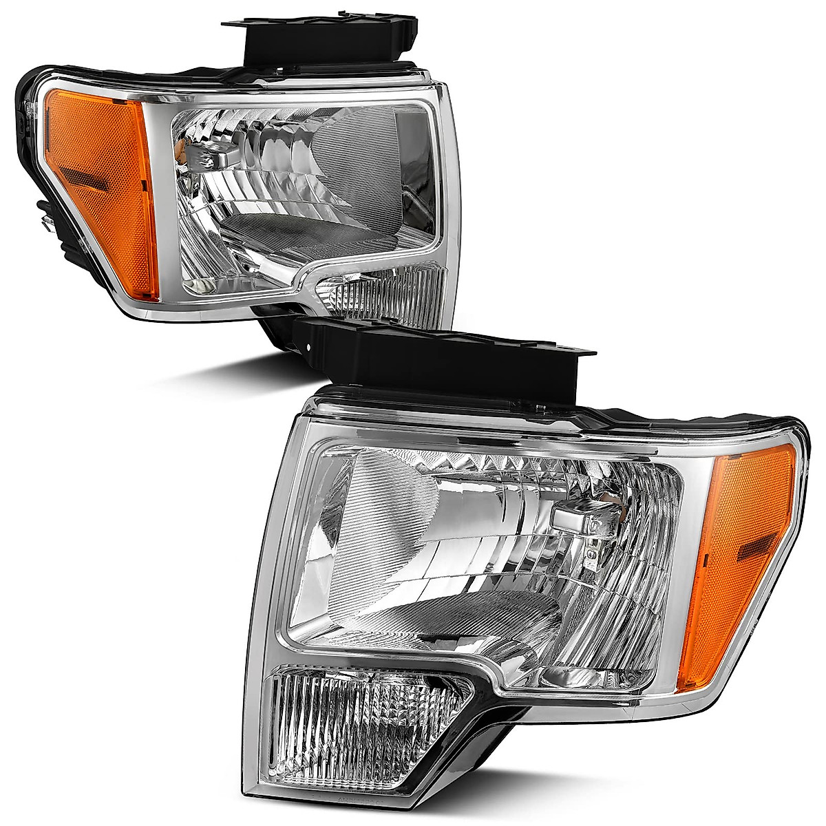 AUTOSAVER88 Headlight Assembly Compatible with 2009-2014 Ford F150 Pickup OE Direct Replacement Headlamp Chrome Housing Clear Lens with Chrome Trim