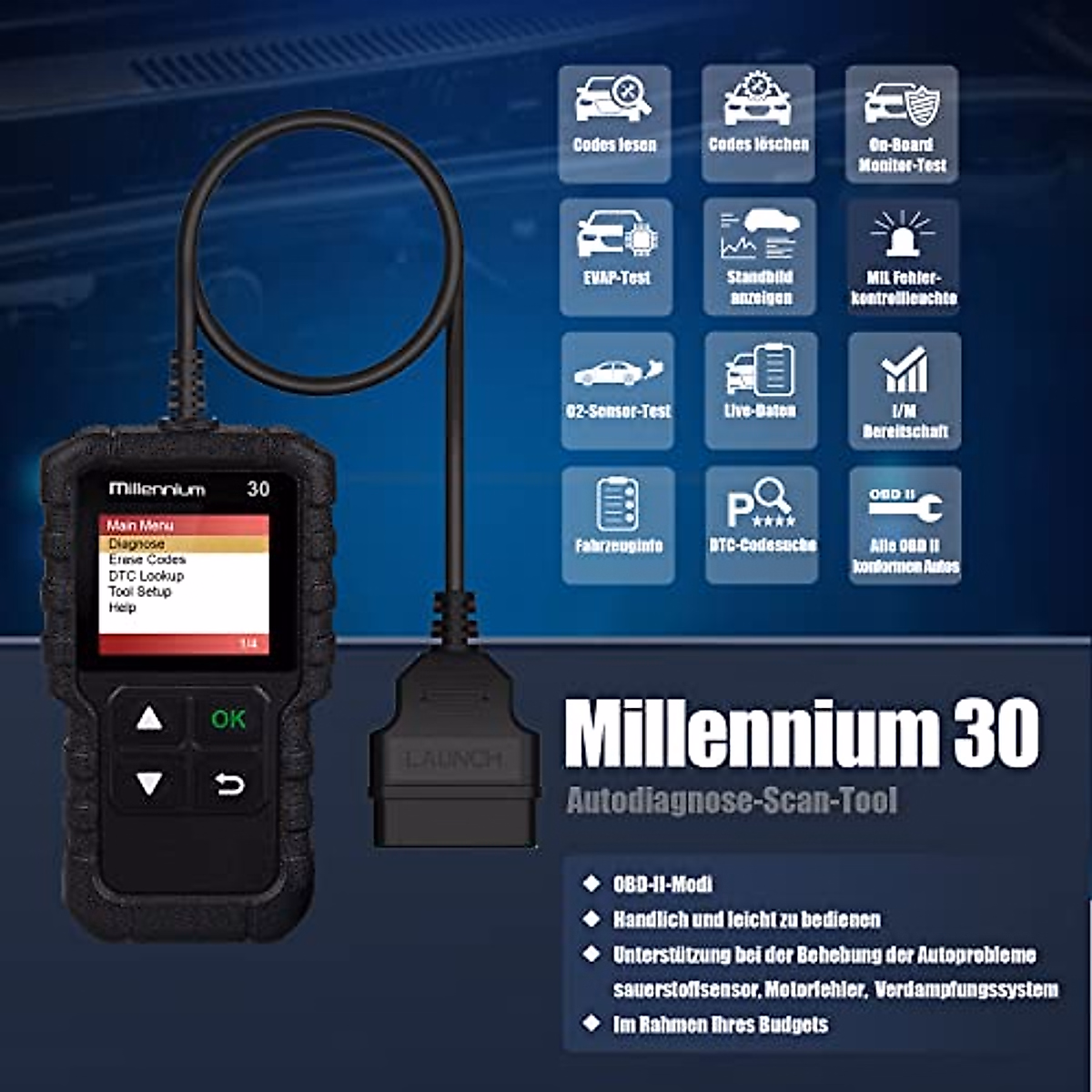 LAUNCH Millennium 30 OBD2 Scanner,Car Code Reader with Full OBD2 Functions,Check Engine Light Car Diagnostic Tool,O2 Sensor/EVAP System/Smog Test/Check I/M Readiness Car Scanner,Lifetime Free Update