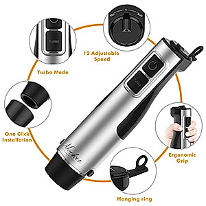 Immersion Blender Handheld, 1100W 5-in-1 Multi-Purpose Hand Blender, 12-Speed Stick Blender, 600ml Beaker, 500ml Chopper, Egg Whisk, Milk Frother, Black