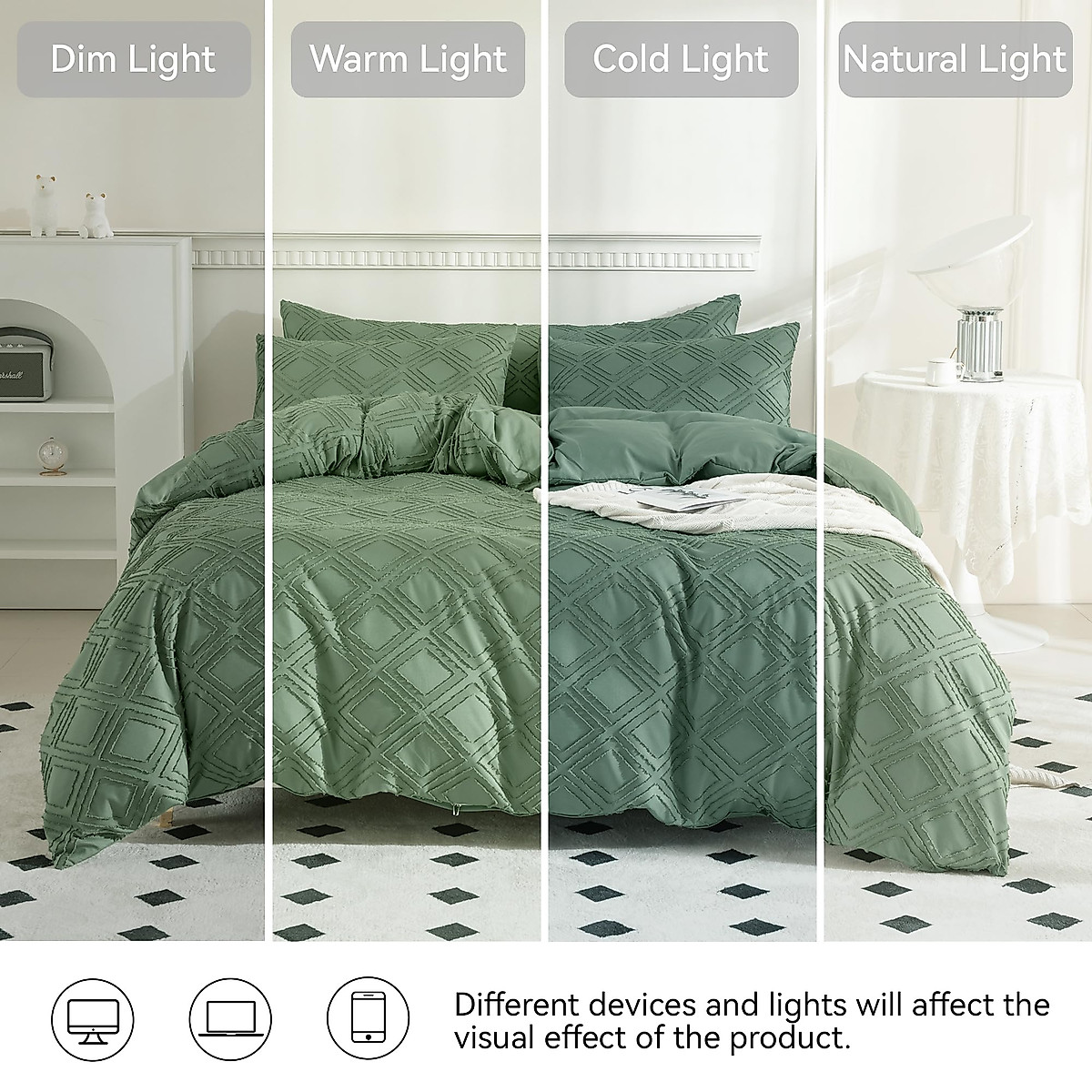 JELLYMONI Green Duvet Cover King Size - Microfiber Tufted Duvet Cover Set, Boho Textured Jacquard Rhombus Geometric Pattern Duvet Cover with Corner Ties & Zipper Closure