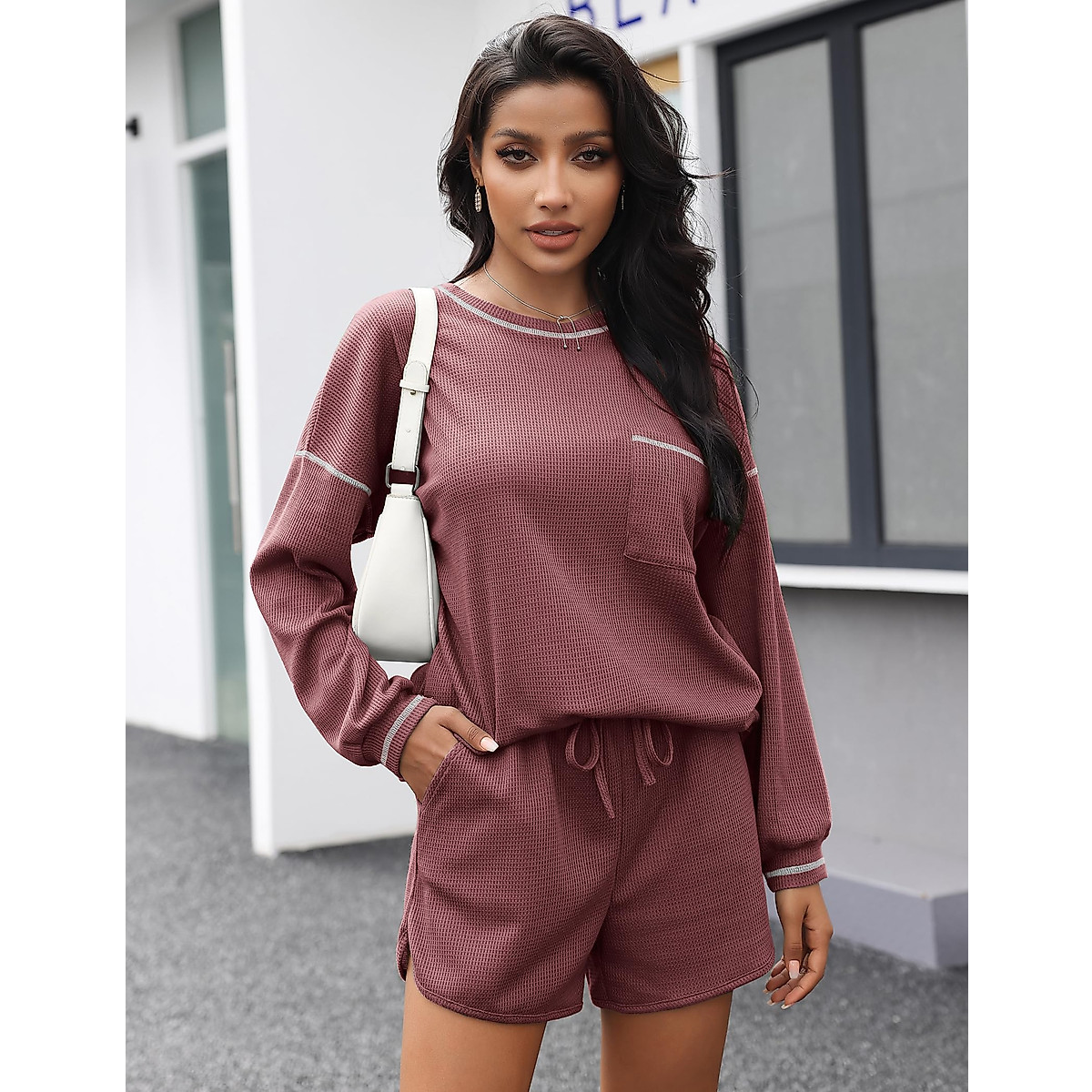 Andeip Lounge Set for Women Two Piece Long Sleeve Waffle Pjs Set Contrast Stitching Pajama Sets Red L