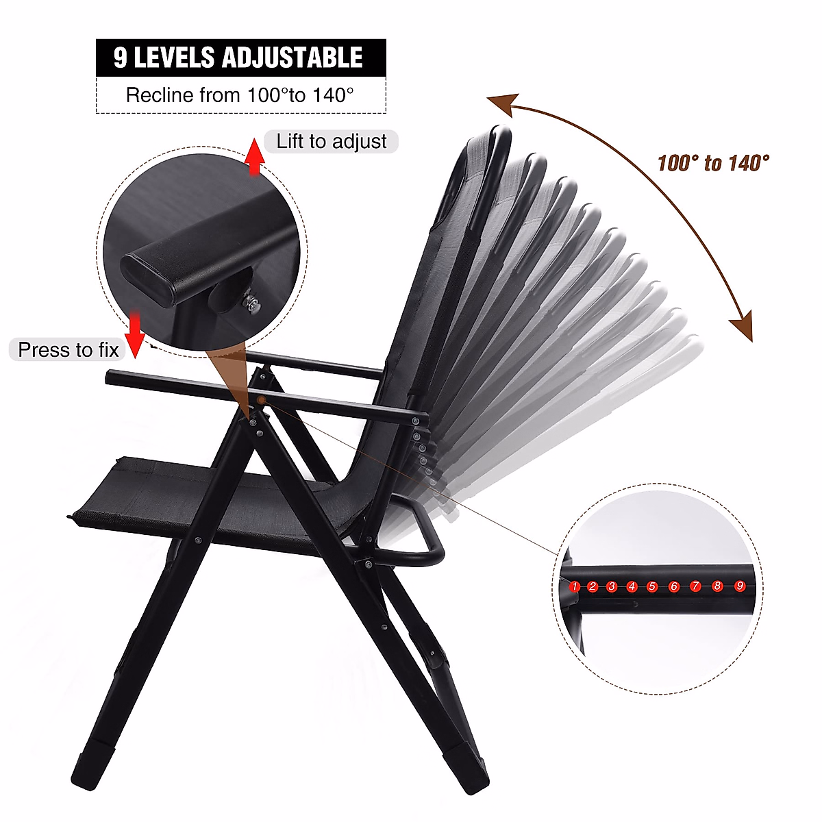 REDCAMP Set of 2 Folding Patio Lounge Chairs, High Back Reclining Lawn Chairs with 9 Levels Adjustable Backrest for Outdoor Camping Backyard Pool Porch, Black