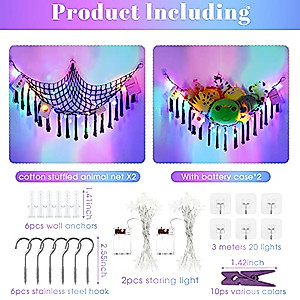 2 Set Large Stuffed Animal Toy Net Hammock with LED Light Plush Toy Hammock with Hooks Boho Corner Stuffed Animal Hanging Organizer for Kids Bedroom Nursery Decoration (Black)