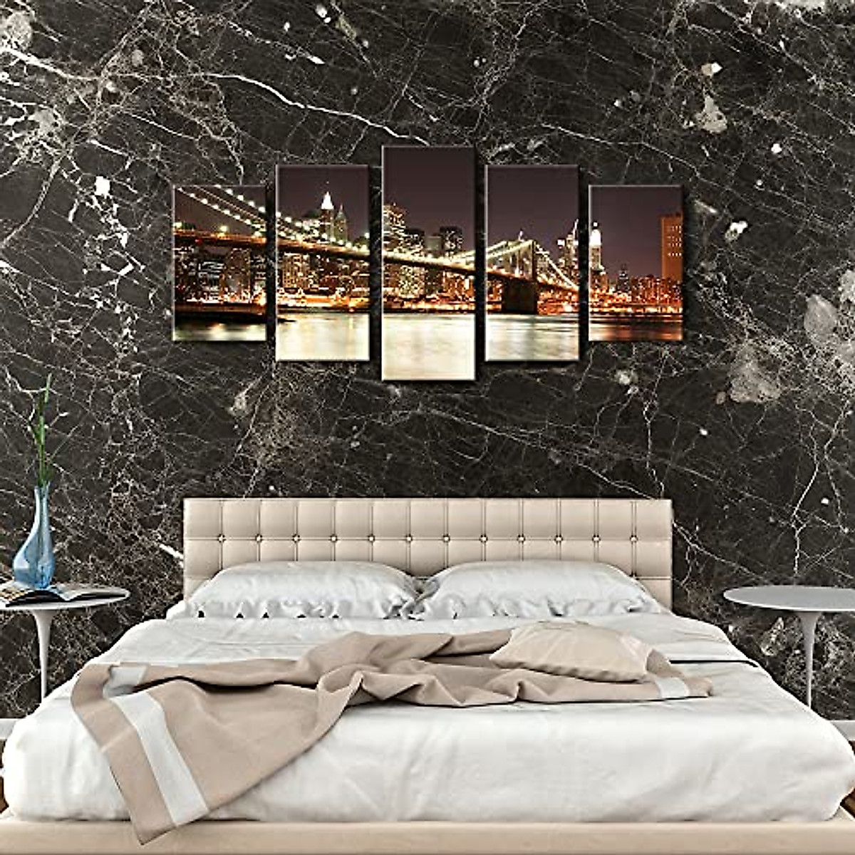 Wieco Art 5 Piece Giclee Canvas Prints Wall Art The Brooklyn Bridge Landscape Pictures Photo Paintings for Living Room Bedroom Home Decorations Modern Stretched and Framed City Skyline Art Work