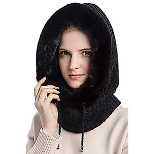 Women One Piece Slouchy Fleece Beanie Hats Scarf Mask Drawstring Warm Hooded Winter Balaclava Pullover Knitted Hat Black