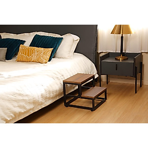 Step Stool for Adults and Kids, Wood and Metal Stepping Stool, 2 Steps with Corner Protectors, Bed Steps for High Bed, Elders and Toddler Stool for Bedroom, Bathroom, Kitchen (Brown)