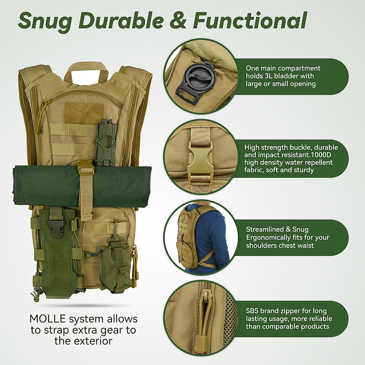 MARCHWAY Tactical Molle Hydration Pack Backpack with 3L TPU Water Bladder, Military Daypack for Cycling, Hiking, Running, Climbing, Hunting, Biking (Tan)