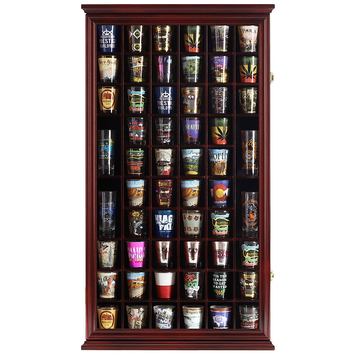 DisplayGifts Solid Wood Shot Glass Shooter Display Case Holder Cabinet Wall Rack Hinged Glass Door 56 Slot Cherry Finish