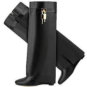 CDHYX Fold Over Boots for Women Pointy Pull-on Wedge Heel Knee Shark Boot With Side Zipper Padlock Design (Black 9)