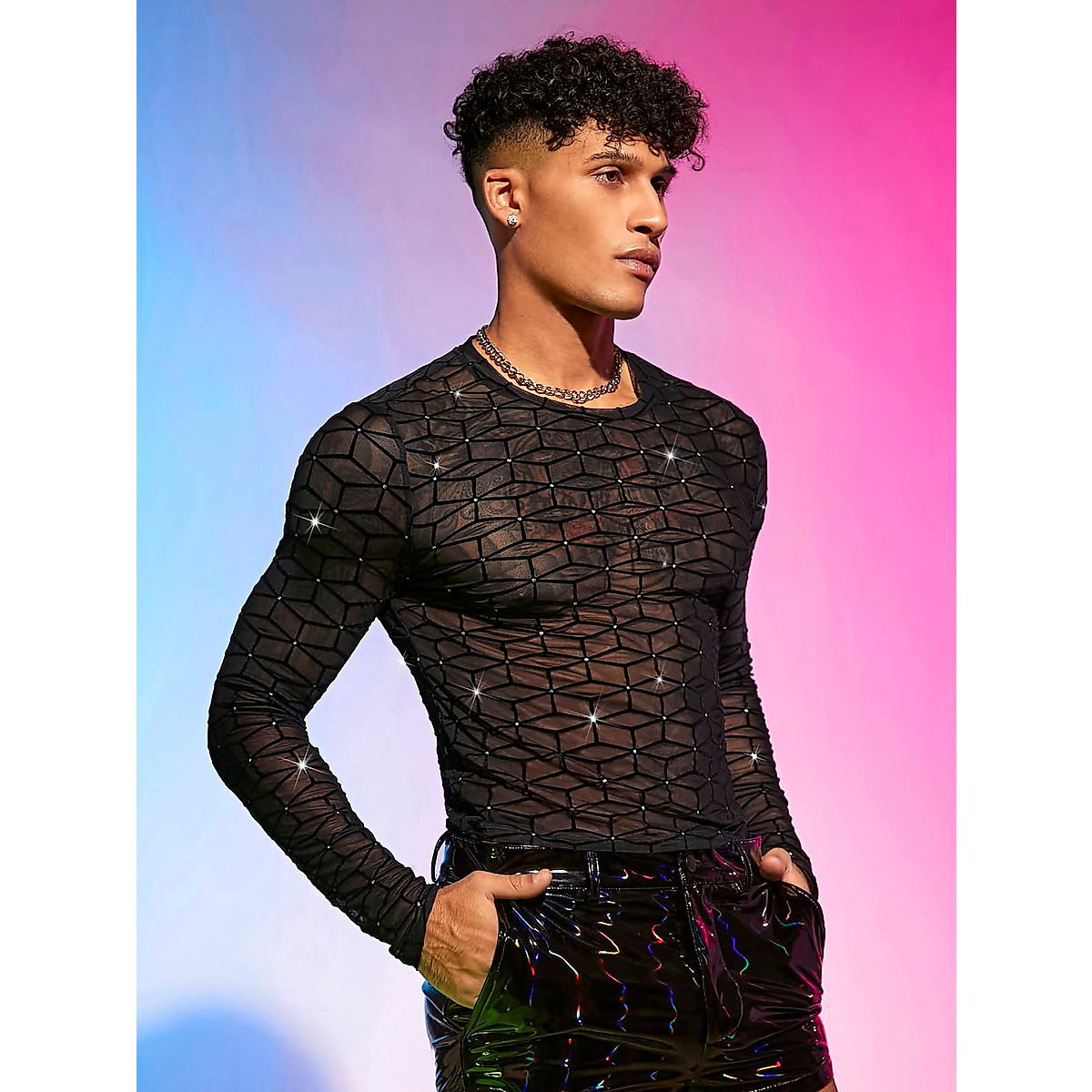 COZYEASE Men's Geo Print Rhinestone Tee Top Long Sleeve Slim Fit Flocking T Shirt Black L