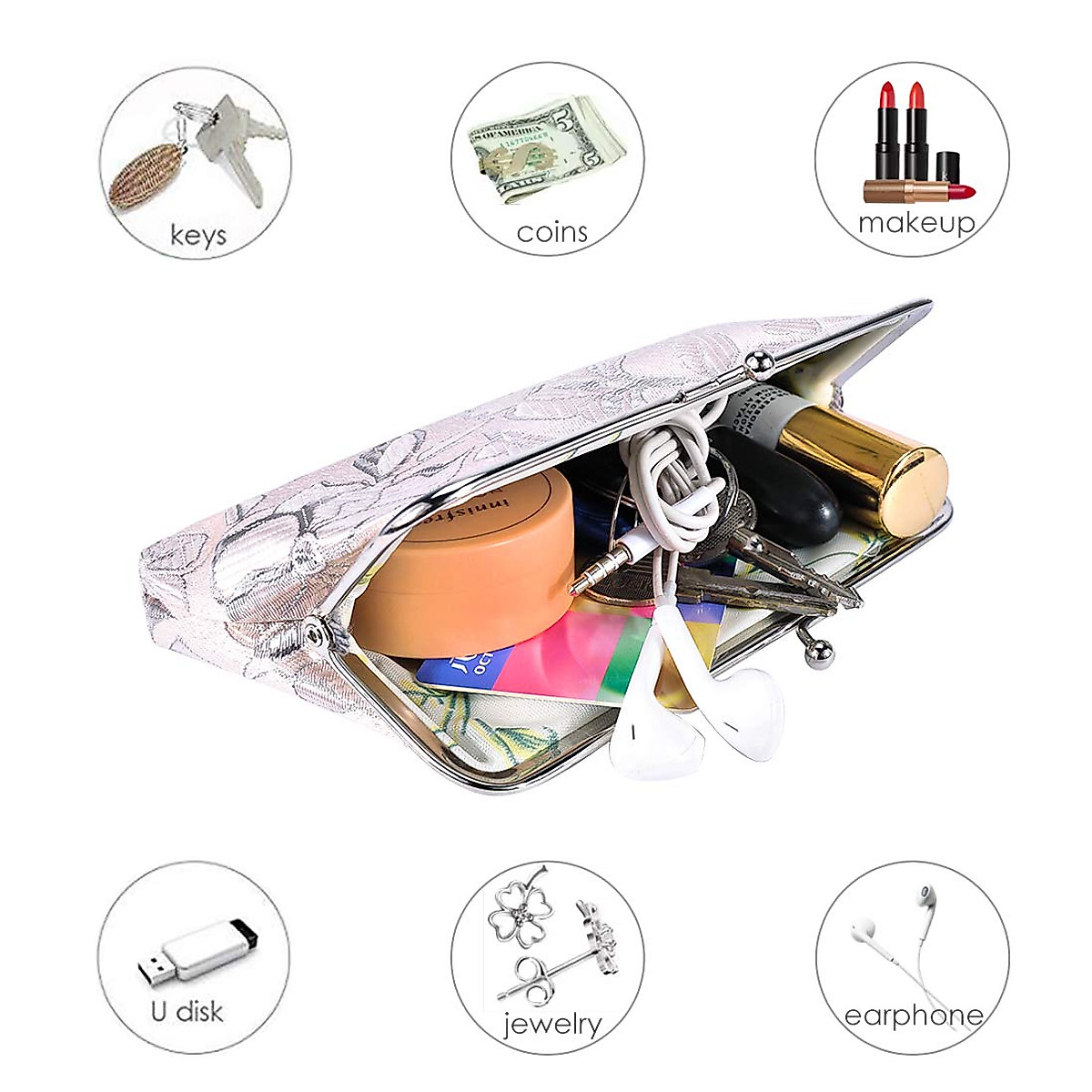 Oyachic 2 Packs Large Coin Purses Floral Cash Case Vintage Change Pouch Kiss Lock Cellphone bag Handbag ID Card Holder Canvas Clutch