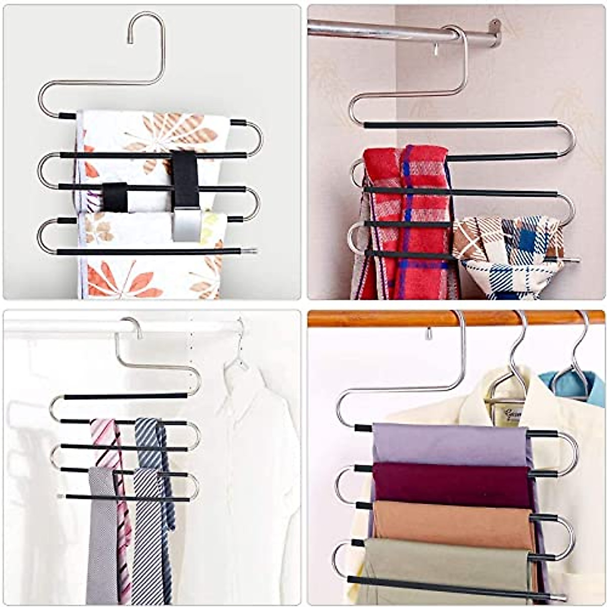 S-Shape Pants Hangers Space Saving Trousers Hangers 4 Pack, 5 Layer Stainless Steel S-Shape Trousers Hangers