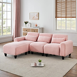 FREESNOOZE 84.6 inch Modern Teddy Sectional Sofa L-Shaped Couch with 3 Waist Pillows for Small Apartment, Bedroom, Spaces(Pink)