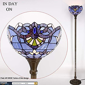 WERFACTORY Tiffany Floor Lamp Blue Purple Baroque Stained Glass Light 12X12X66 Inch Pole Torchiere Standing Corner Torch Uplight Decor Bedroom Living Room Home Office S003C Series