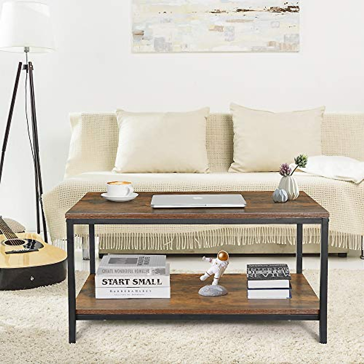 SUPER DEAL 2-Tier Industrial Coffee Table with Storage Shelf for Small Apartment Living Room, Rectangle Wood and Stable Metal TV Stand Side End Table, Rustic Brown