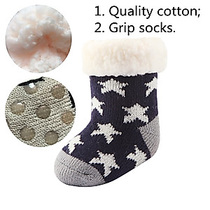 3 Pairs Toddler Girl Boy Sherpa-lined Fuzzy Socks Anti Skid with Grips, Baby Girl Boy Christmas Socks Kids Slipper Socks (1-2 years, 3 pairs boys)