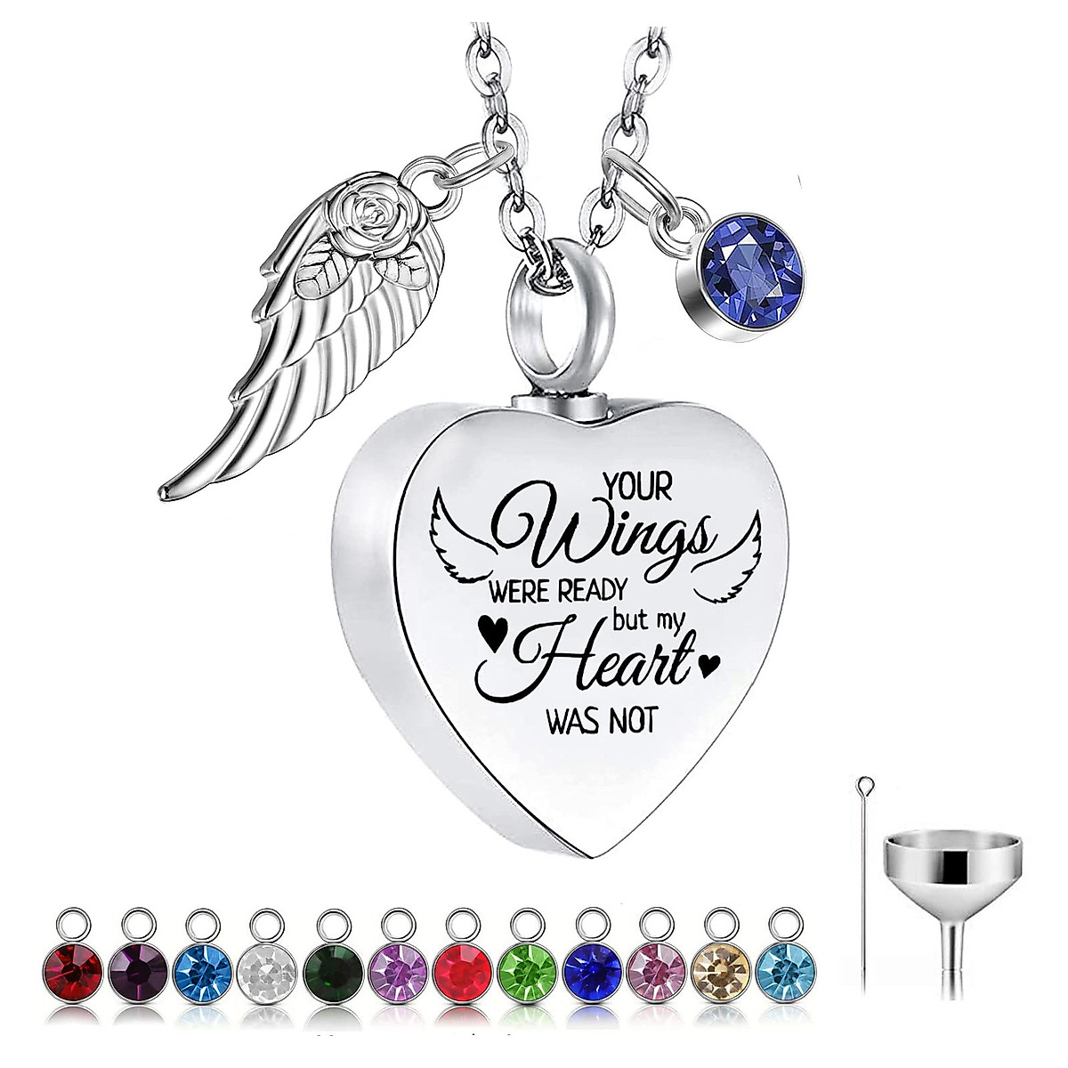 Heart Urn Necklace for Ashes with 12 Birthstones, Cremation Ashes Jewelry Keepsake with Angel Wing - Your Wings were Ready, But My Heart was Not (Your Wings were Ready)