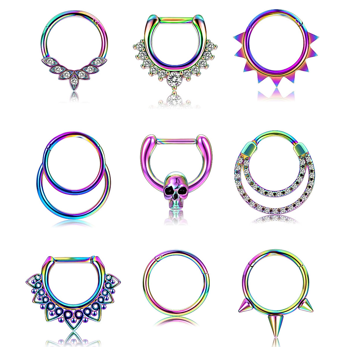 REVOLIA 9Pcs 16G Stainless Steel Septum Rings Clicker Ring Hoop Nose Ring Cartilage Helix Daith Tragus Earring Hinged Piercing C