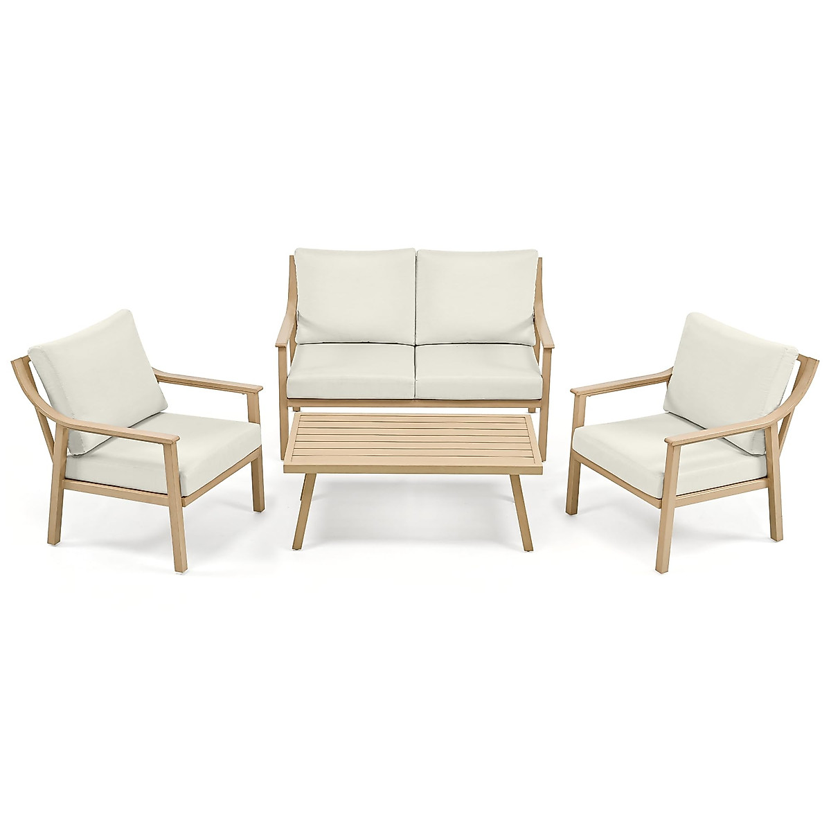 HAPPATIO 4-Piece Patio Furniture Set - Outdoor Aluminum Patio Conversation Set Includes 1 Loveseat, 2 Armchairs, and 1 Coffee Table, Perfect for Porch, Deck, Garden, (Beige)