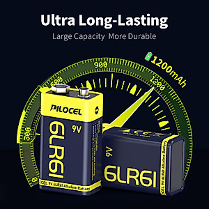 PILOCEL 9V Batteries 4 Pack, 9 Volt Alkaline Battery, Long-Lasting 9V Battery for Smoke Detector, 10-Year Shelf Life, 4 Count
