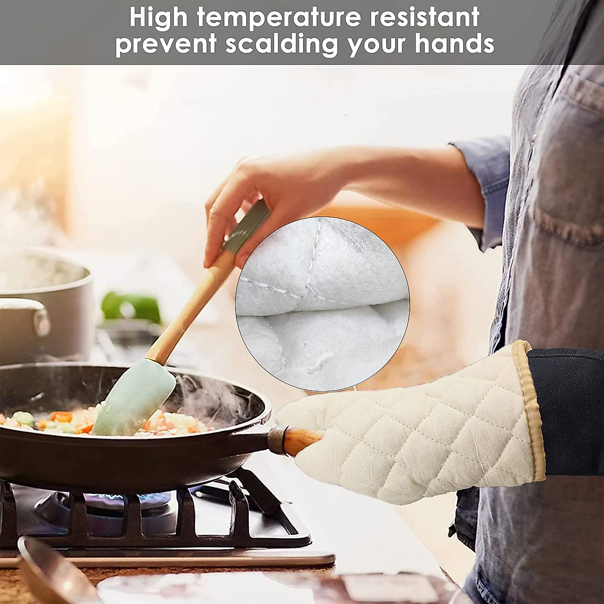 VAIIEYO 1 Pair Oven Mitts - Heat Resistant Thick Cotton, Soft Quilted Lining, for Kitchen Baking, Cooking & Grilling（11 Inch White）