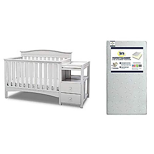Delta Children Birkley Convertible Crib N Changer, Bianca White + Serta Perfect Slumber Dual Sided Recycled Fiber Core Crib and Toddler Mattress (Bundle)
