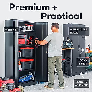 Metal Garage Storage Cabinet - 71-inch Tall Large Steel Utility Locker with Adjustable Shelves & Locking Doors - Garage Cabinets for Tool Storage and Ammo Locker - Black