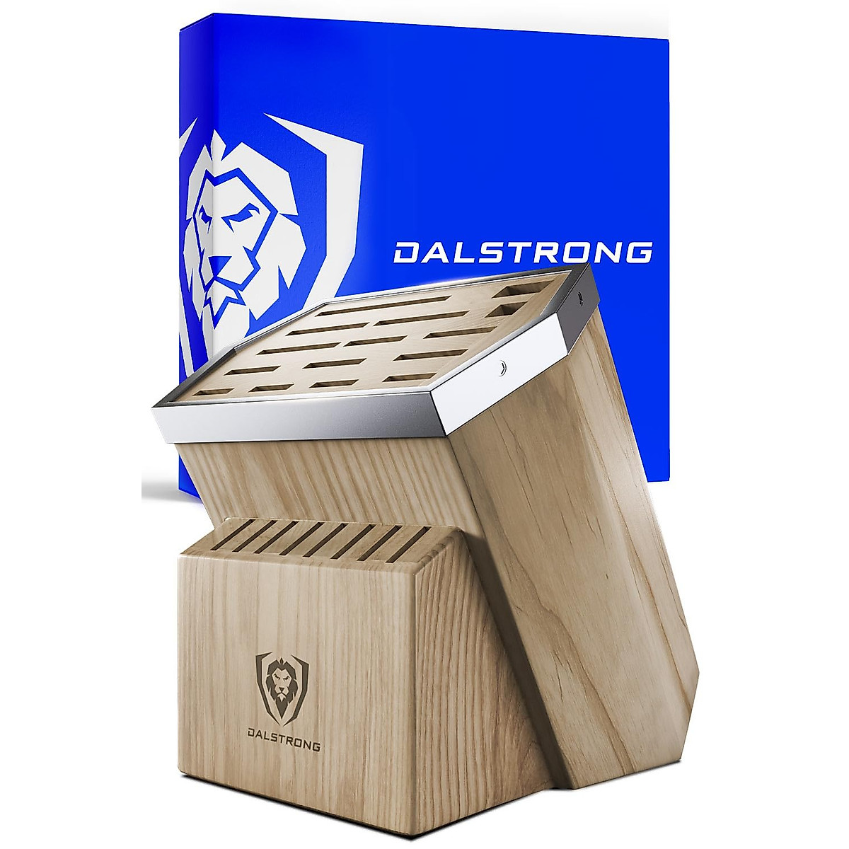DALSTRONG Universal Knife Block - 23 Slots - Premium American Ash Wood - Aluminum Alloy Rim Kitchen Set - Lion Head Logo Badge - Premium Craftsmanship Knife Set - Angled For Ergonomics - Cleans Easily