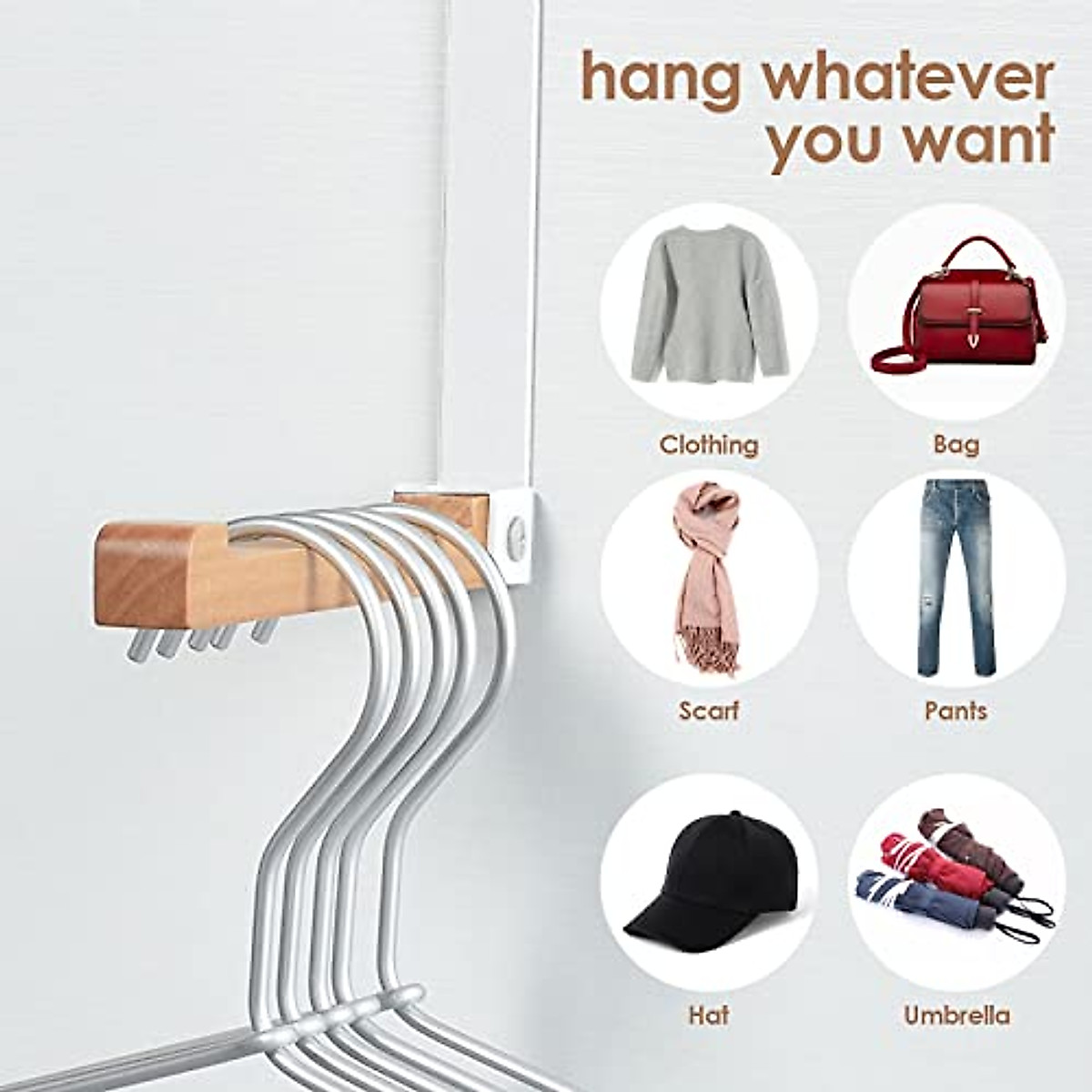 Over The Door Hooks, Foldable Sturdy Metal Wood Combined Door Laundry Hanger with Anti Slip Strip, Portable Door Back Mounted Non-Perforated Clothes Bag Robes Coats Storage Rack Wreath Hanger(2pcs)