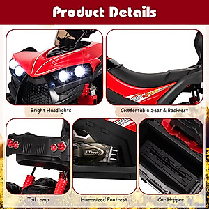 Costzon Kids ATV, 12V Battery Powered 6 Wheels Electric Vehicle w/ 4WD, Back Trunk, LED Lights, Music, Story, USB, Backrest, Treaded Tires, Ride on Car Quad for Boys & Girls Gift, Ride on ATV (Red)