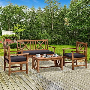 Outsunny 4 Piece Acacia Wood Outdoor Patio Furniture Set with 2 Armchairs, 1 Sofa, & 1 Coffee Table, Cushions Included