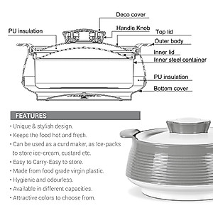 Milton Casserole for Hot Food, Double Walled Insulated Inner Stainless Steel Hot Pot with Lid, Serving box for Food and Roti, Serving Bowl, Set of 3 (Size 62, 45, 28 oz) Venice, Grey