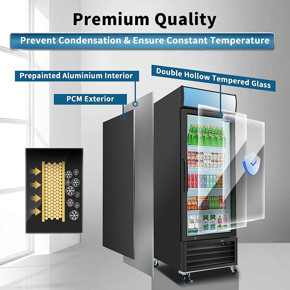 ORIKOOL 27" W Glass Door Refrigerator 19.2 Cu.ft 32℉ ~ 44℉ Commercial Display Beverage Fridge with LED Top Panel