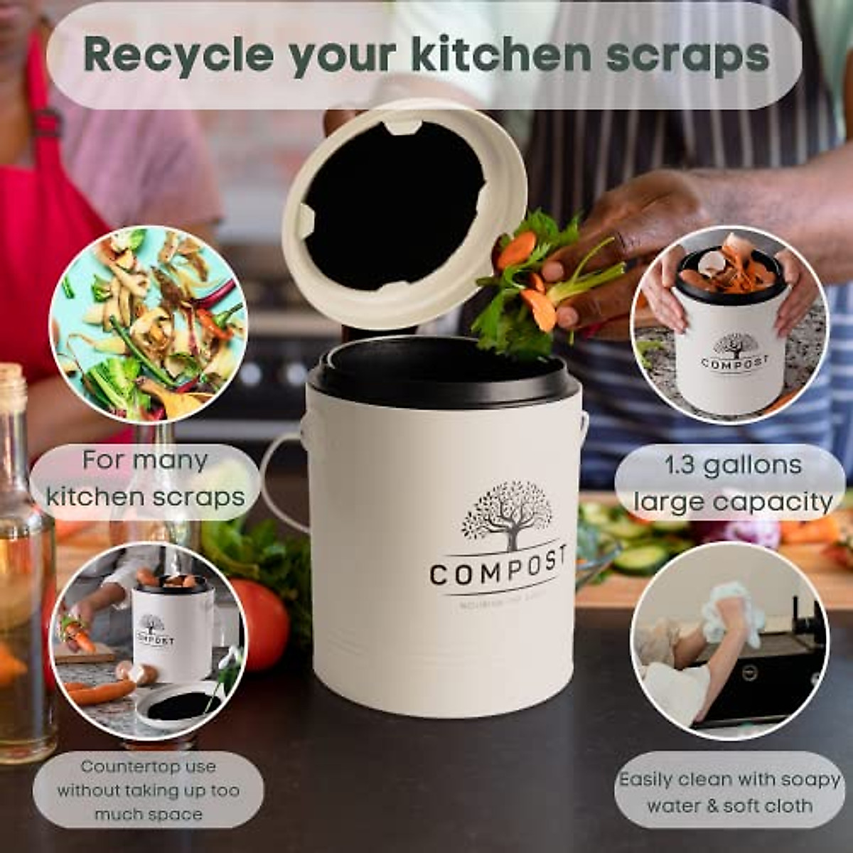 Perfnique Kitchen Compost Bin, 1.3 Gallon Countertop Compost Bin with Lid, Indoor Compost Bucket Includes Inner Bucket Liner and Carbon Filter, Small Compost Bin