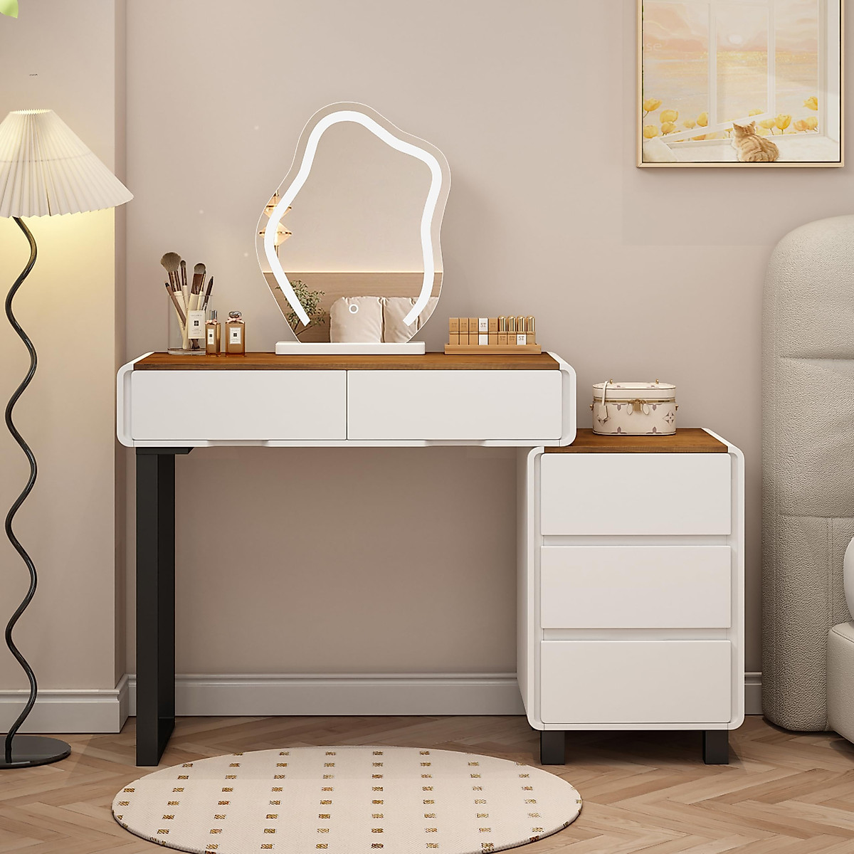 HOMEHIGH Vanity Desk with Mirror and Lights, Dressing Table with 5 Drawers and Adjustable Cabinet, Makeup Vanity Desk with 3 Lighting Modes for Bedroom, Makeup Room