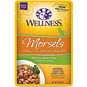 Wellness Healthy Indulgence Natural Grain Free Wet Cat Food, Morsels Chicken & Turkey, 3-Ounce Pouch (Pack of 24)