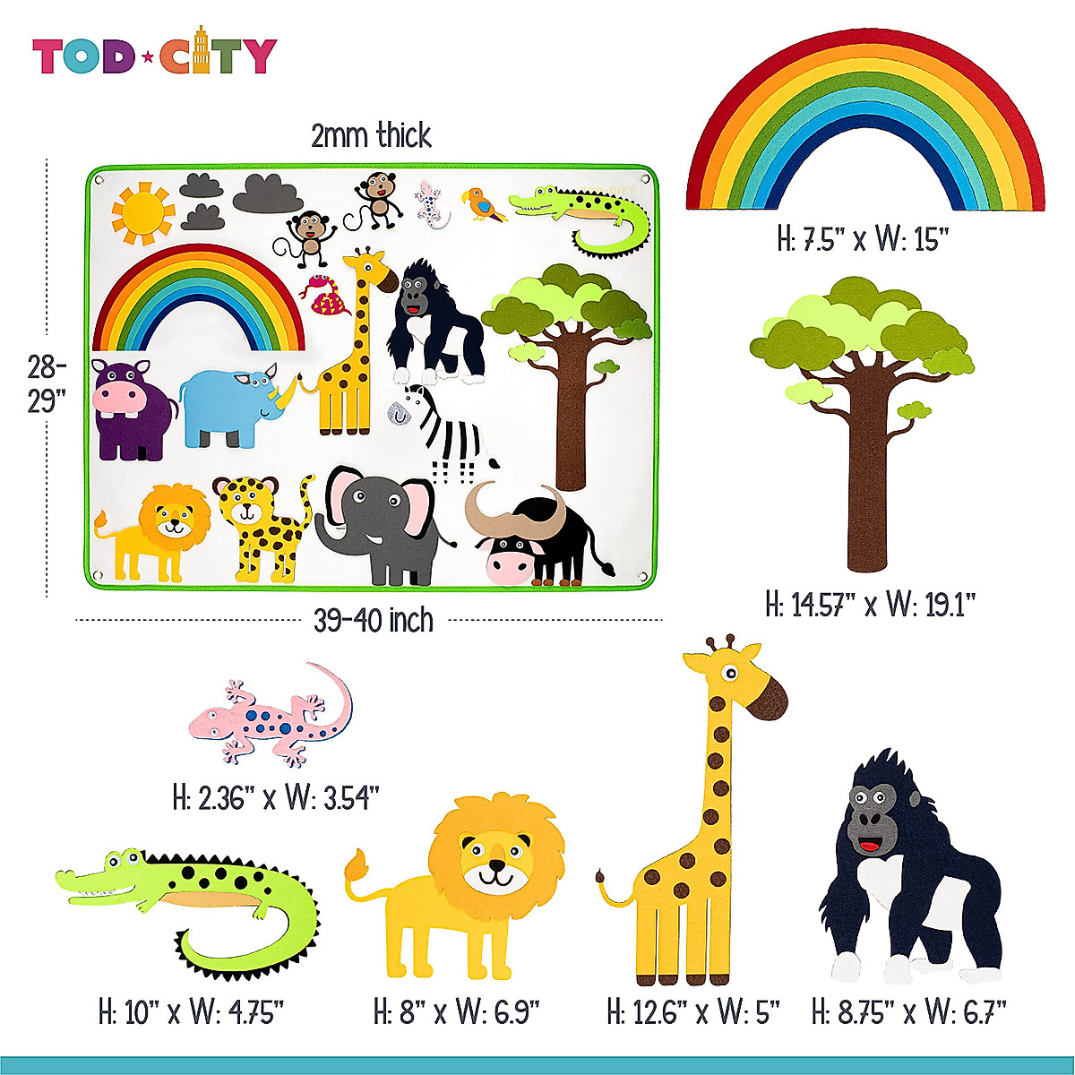 Tod City Flannel Felt Story Board Set: in The Jungle - Large Wall Hang 25 Pre-Cut Piece Interactive Learning Toy for Preschool, Kindergarten, 3+ Year Old Children