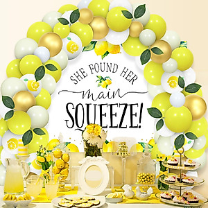 Lemon Bridal Shower Decorations, Yellow and White Balloons Garland Kit She Found Her Main Squeeze Backdrop Bride To Be Sash Artificial Tree Leaves for Lemon Wedding Engagement
