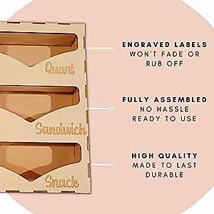 UNIQUE ORGANIZERS Ziplock Bag Storage Organizer for Kitchen Drawer and Wall Mount, Wooden Zip Lock Food Baggie Holder and Dispenser for Ziploc - ASSEMBLED