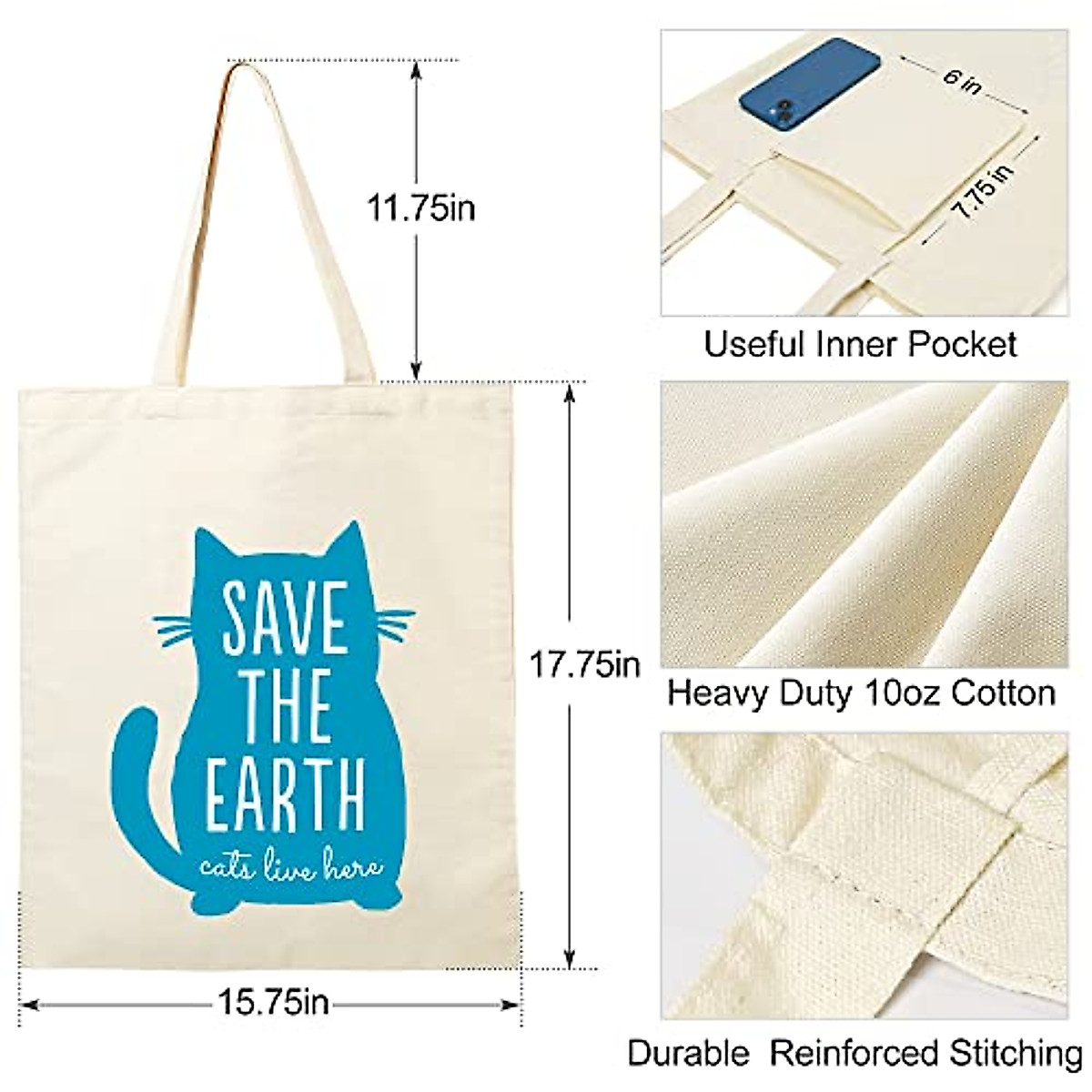 LotFancy Canvas Tote Bag for Women, Large Cute Tote Bag with Inner Pocket, Double Printed Reusable Grocery Bag for Beach School Travel, Book Tote Bags (CAT SAVE THE EARTH)