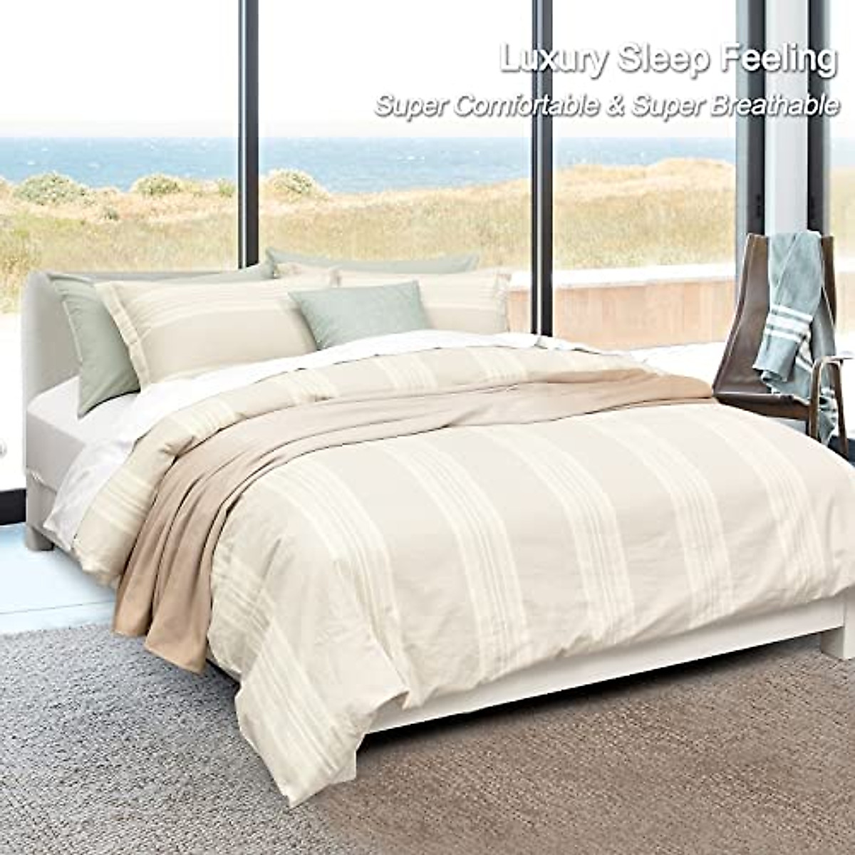 David's Home 100% Washed Cotton Duvet Cover Set Queen Size, Chambray Stripe Duvet Cover with Pillow Shams, 3pcs Ultra Soft and Breathable Comforter Cover Set, 90x 90 Inches, Khaki